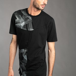 Mens Cyber Punk Patchwork Style Organic Cotton T Shirt in Black With ...