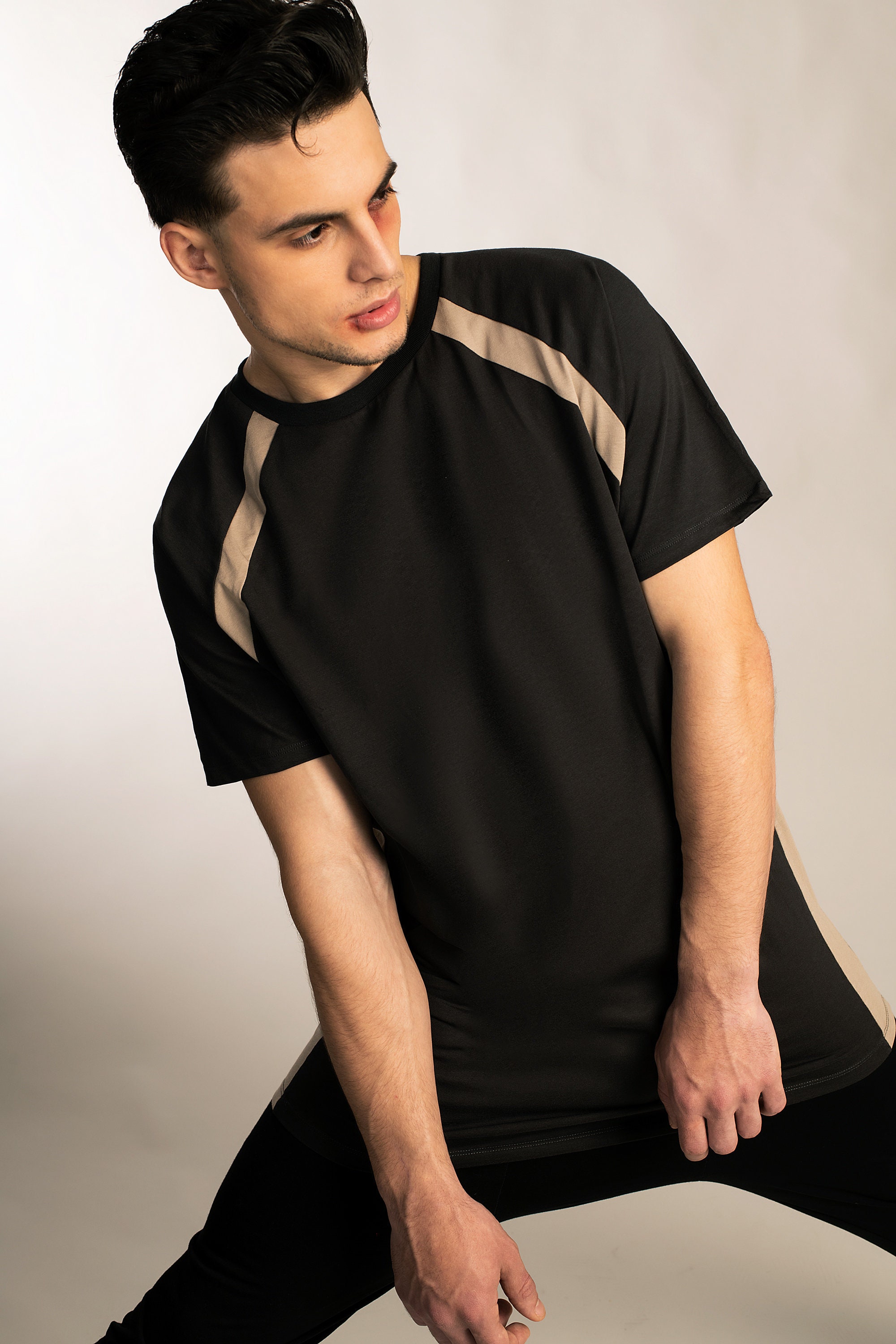 Mens Sporty Minimalist Black Raglan Sleeve T Shirt With Beige Stripes ...