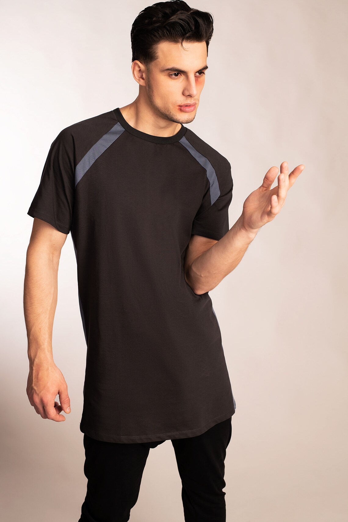 Mens Sporty Minimalist Black Raglan Sleeve T Shirt With Beige - Etsy