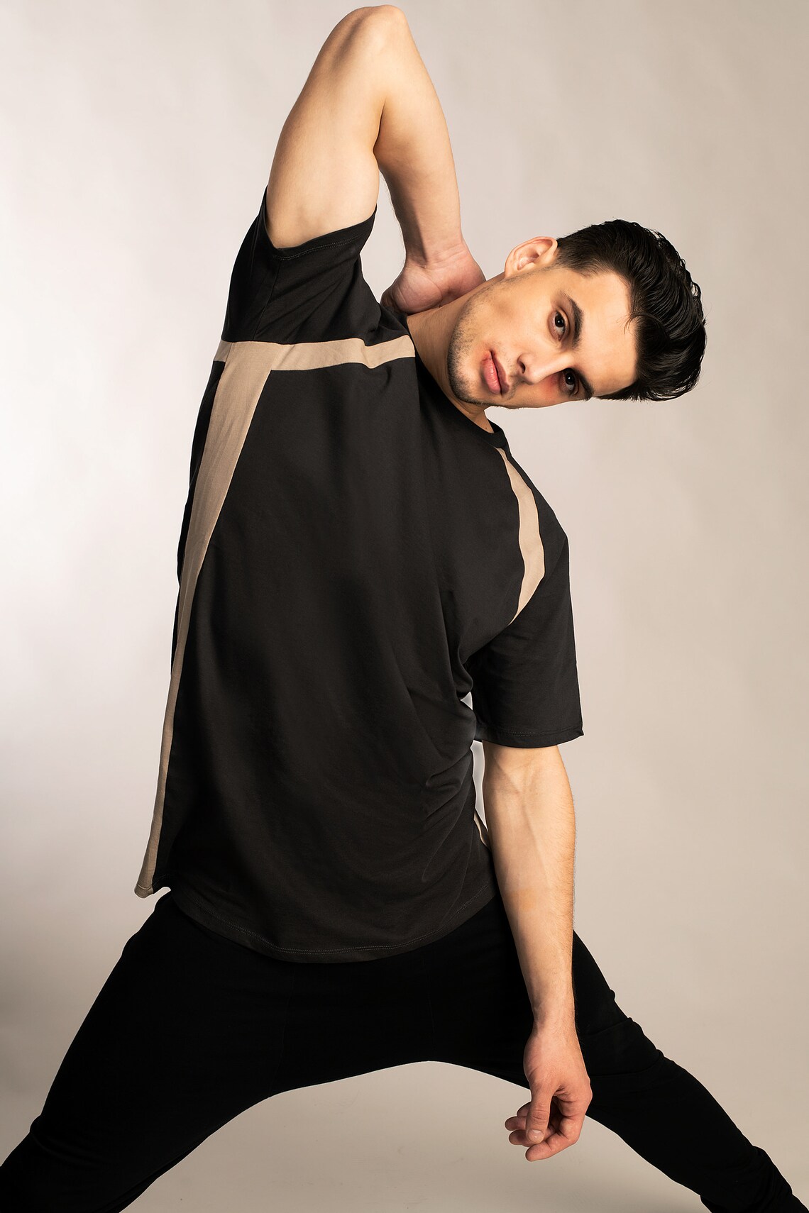 Mens Sporty Minimalist Black Raglan Sleeve T Shirt With Beige - Etsy