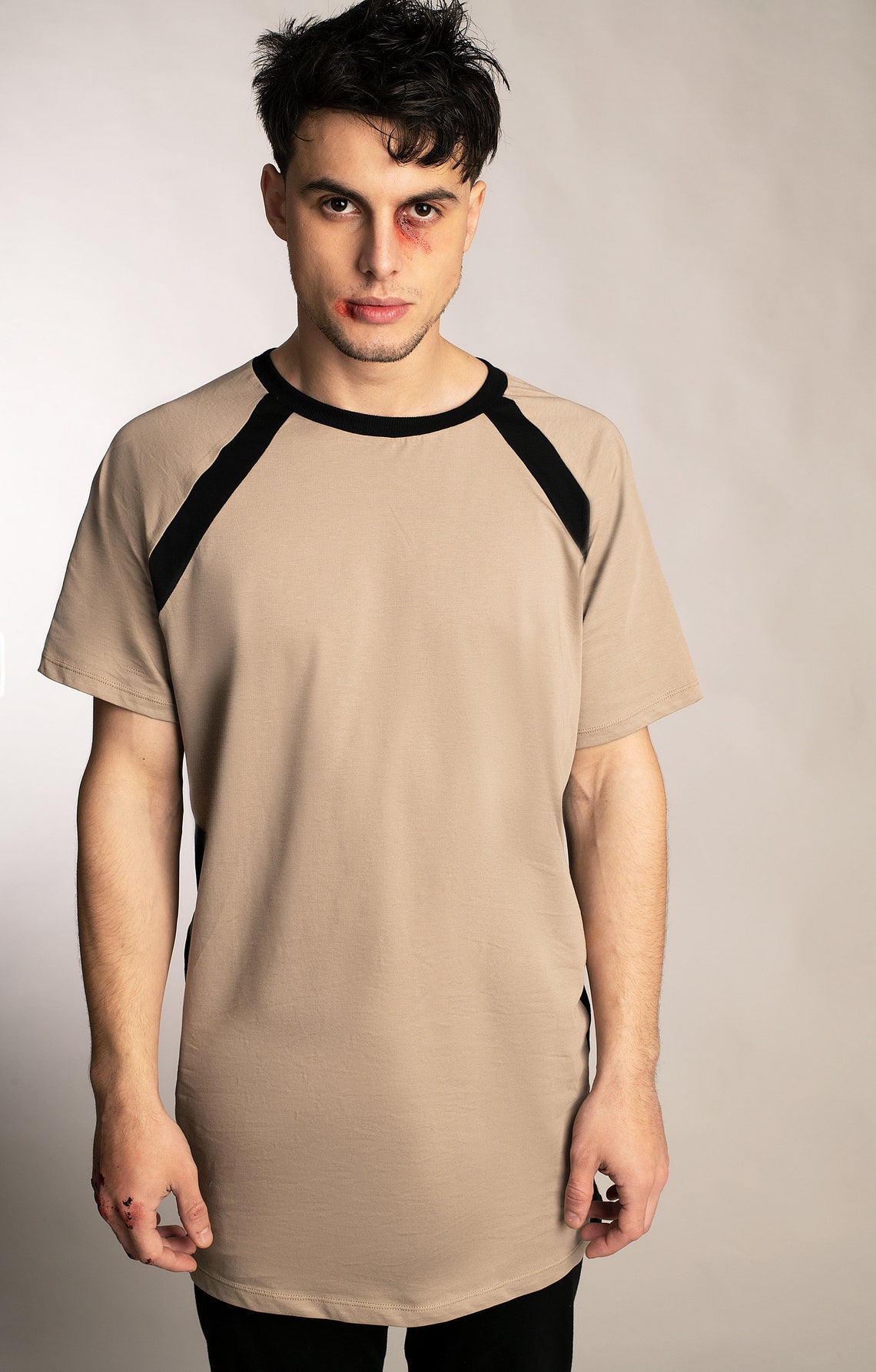 Mens Sporty Minimalist Black Raglan Sleeve T Shirt With Beige - Etsy