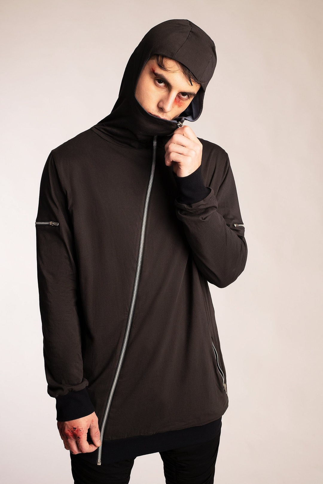 Asymmetrical Futuristic Comfy Zip Hoodie With Zipper Pockets Contrast ...