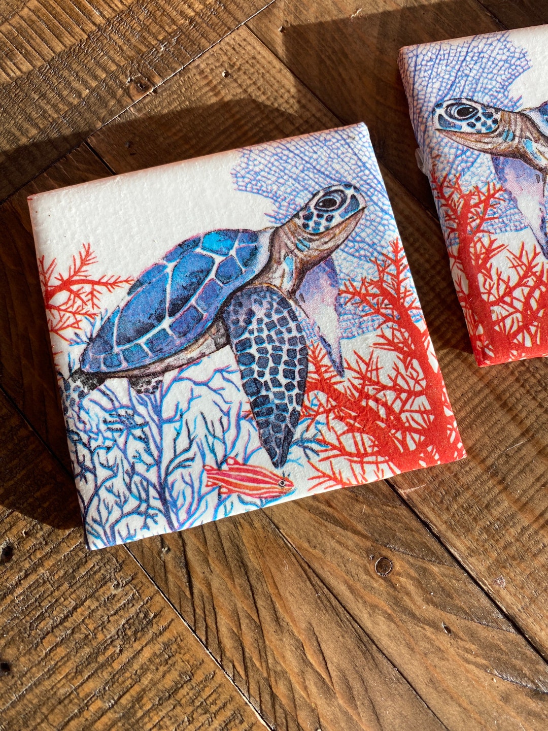 Blue Sea Turtle & Coral Coaster Set Gulf Coast East Coast - Etsy