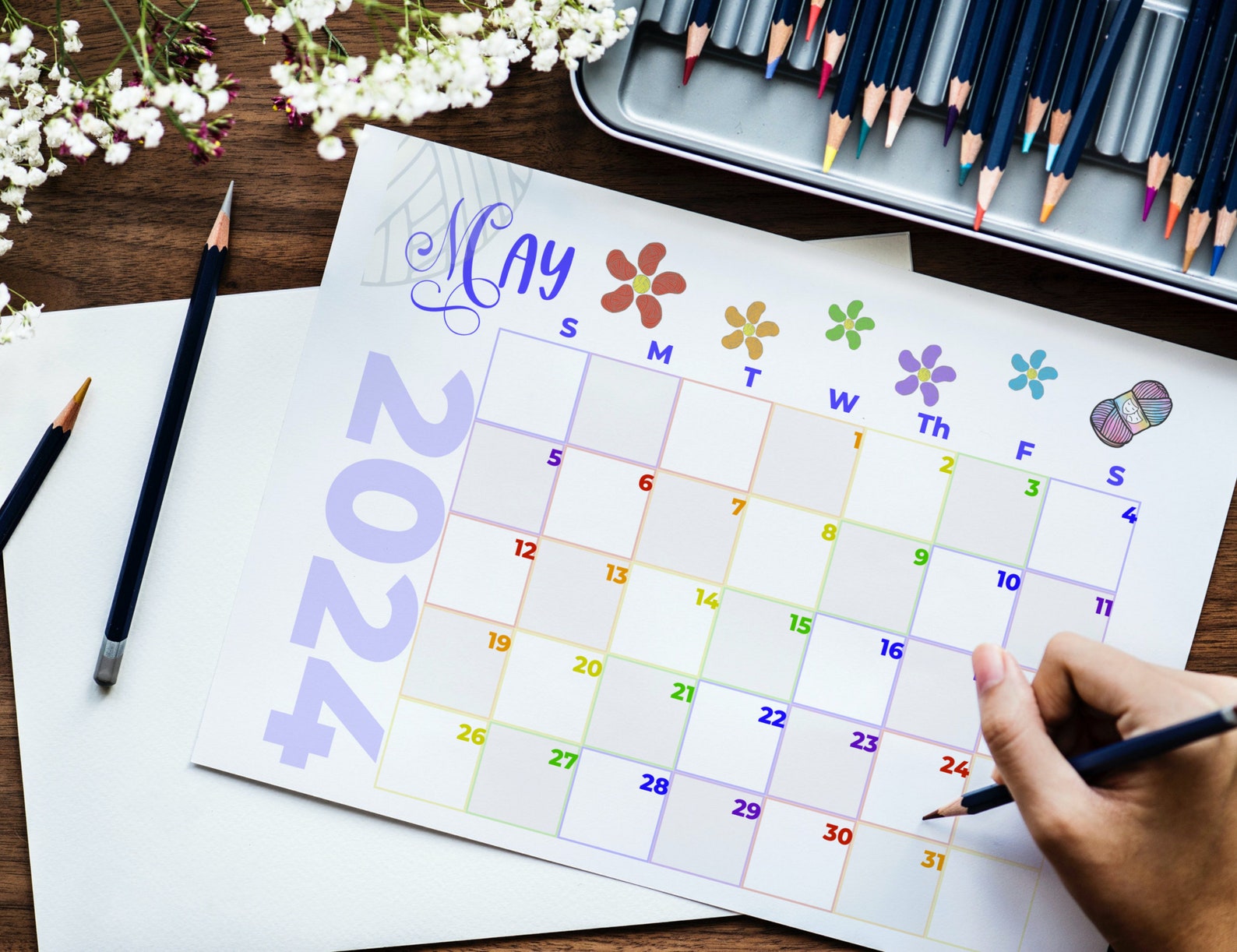 Printable Rainbow Yarn Themed 2024 Calendar in 4 Sizes A4, A5, Letter ...