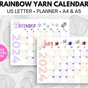 Printable Rainbow Yarn Themed 2024 Calendar in 4 Sizes - A4, A5, Letter ...