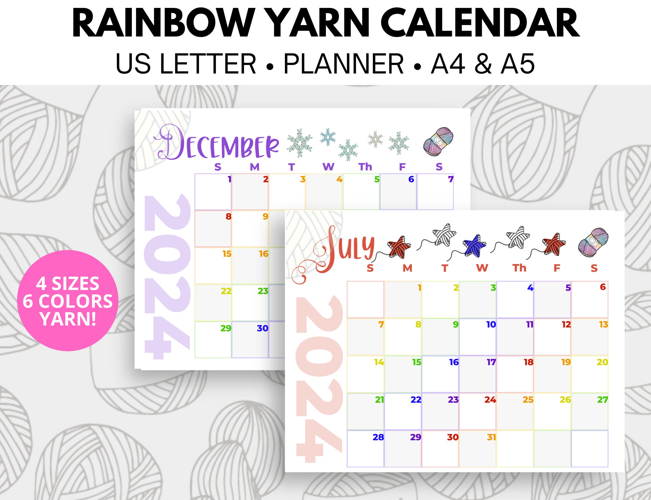 Printable Rainbow Yarn Themed 2024 Calendar in 4 Sizes A4, A5, Letter ...
