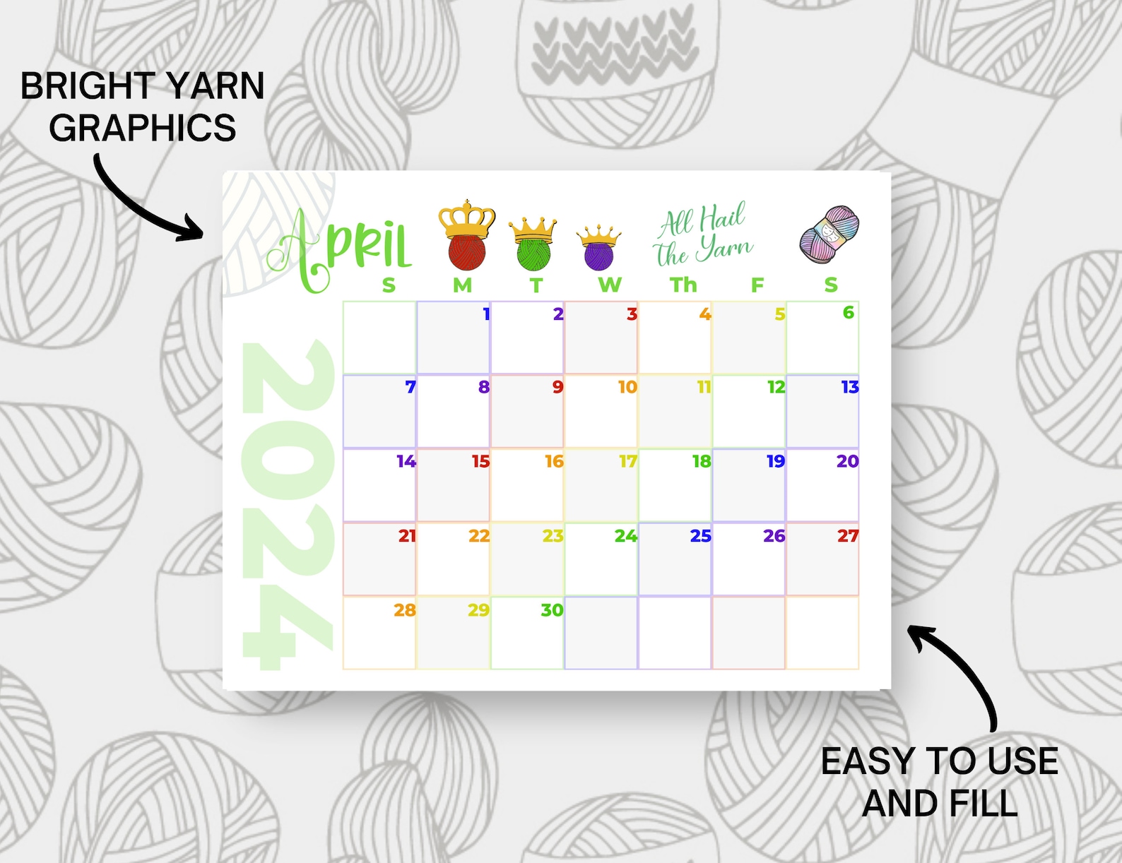 Printable Rainbow Yarn Themed 2024 Calendar in 4 Sizes A4, A5, Letter ...