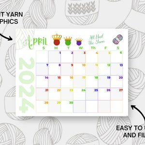 Printable Rainbow Yarn Themed 2024 Calendar in 4 Sizes - A4, A5, Letter ...