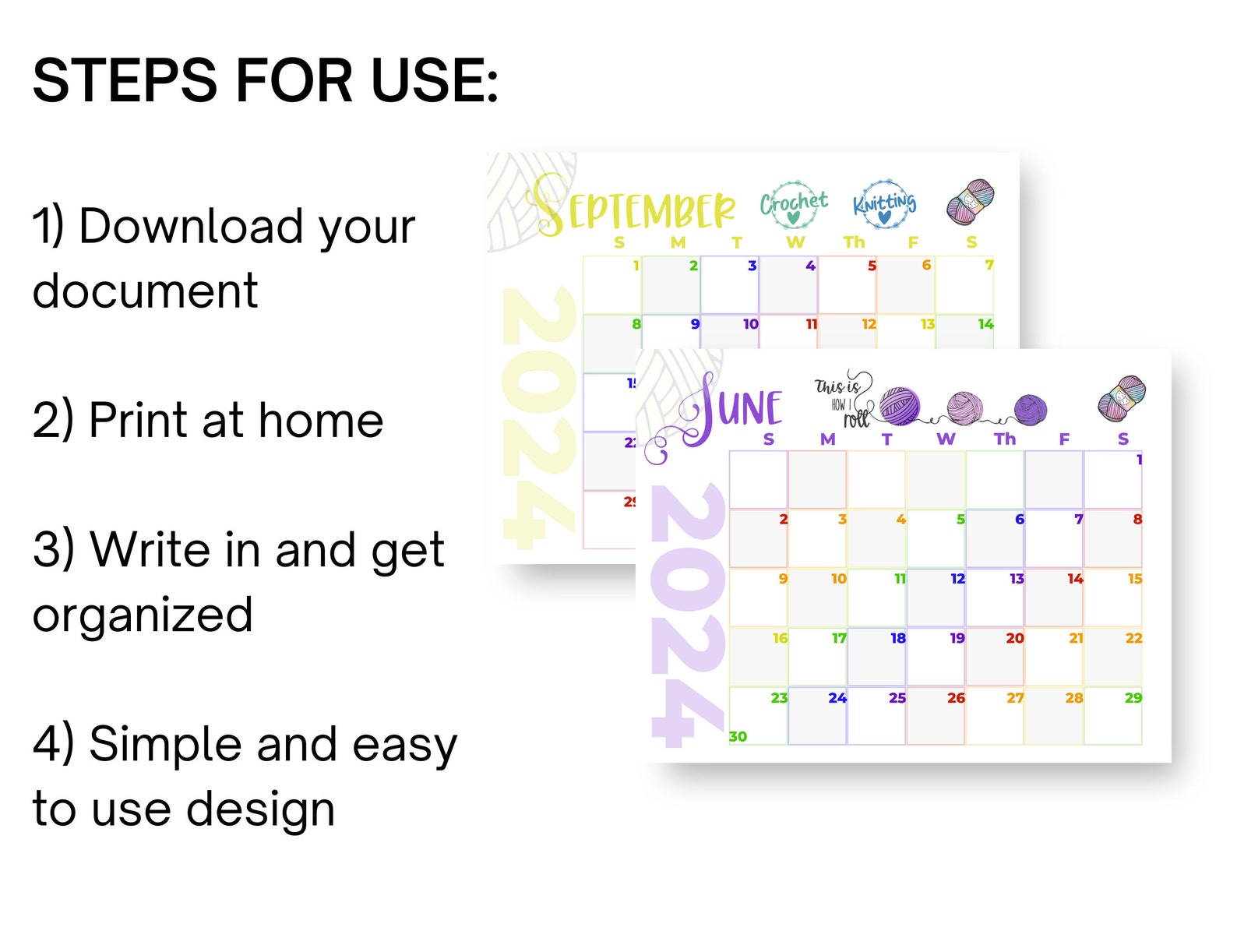 Printable Rainbow Yarn Themed 2024 Calendar in 4 Sizes A4, A5, Letter ...