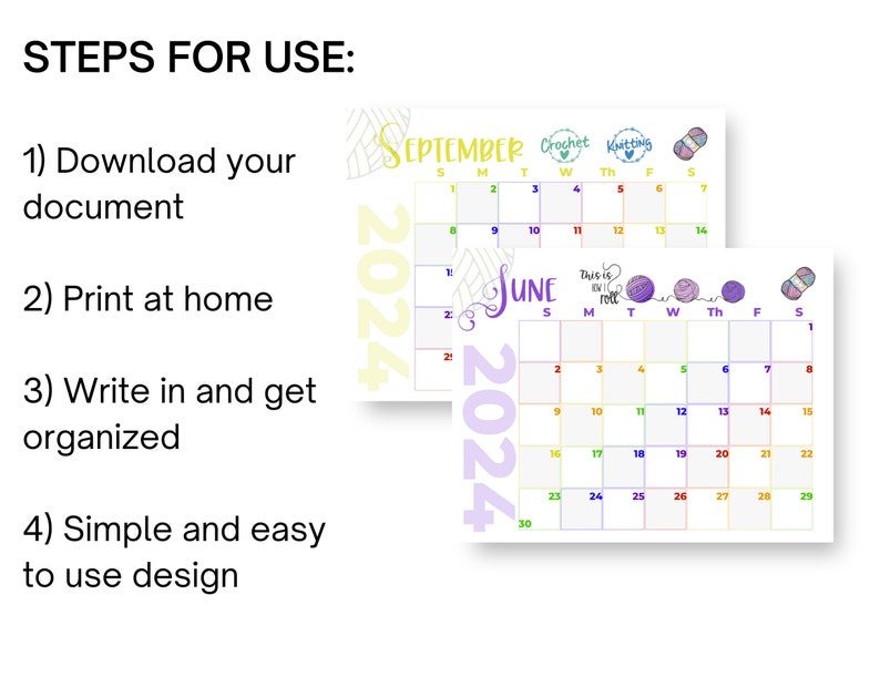Printable Rainbow Yarn Themed 2024 Calendar in 4 Sizes A4, A5, Letter ...