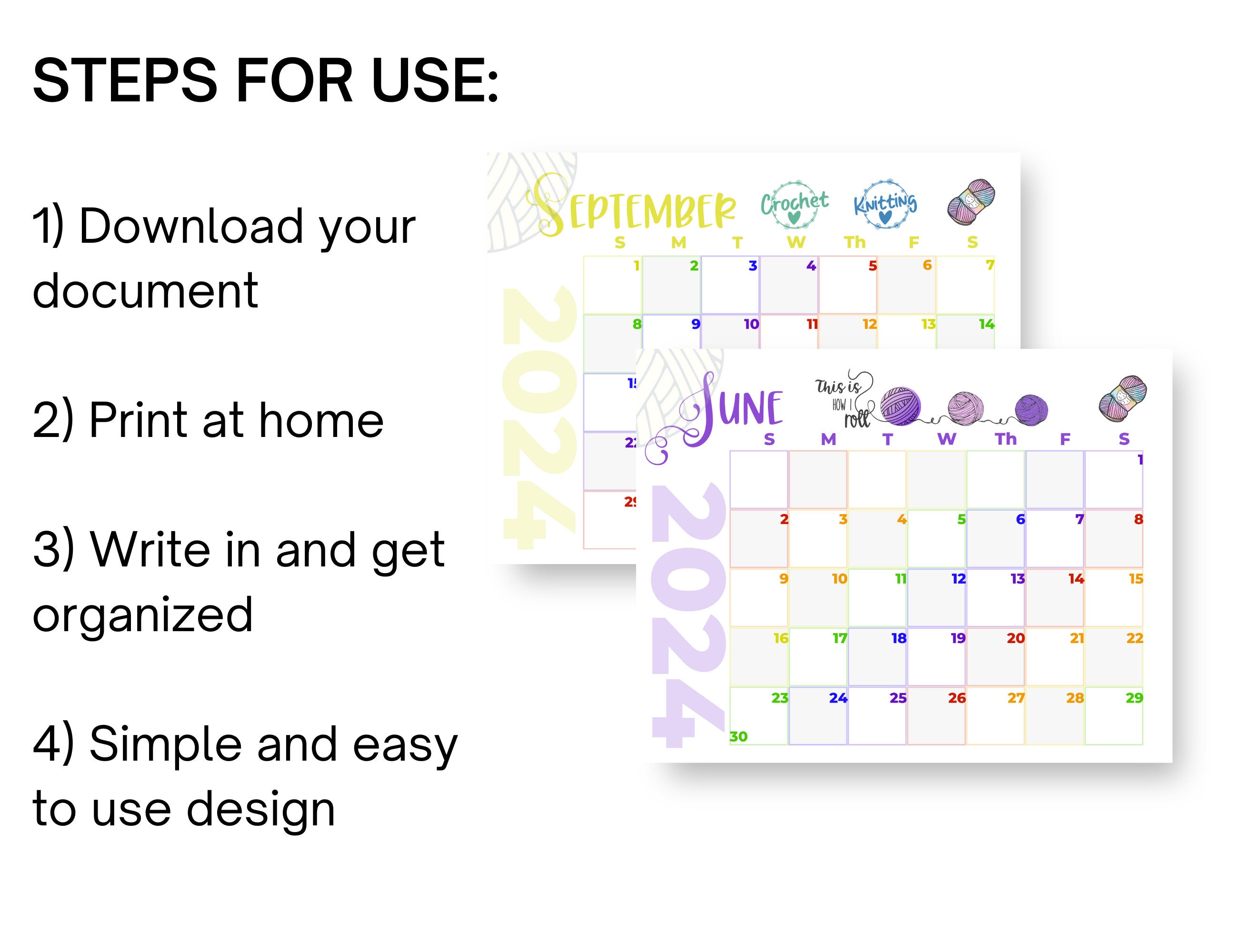 Printable Rainbow Yarn Themed 2024 Calendar in 4 Sizes A4, A5, Letter ...