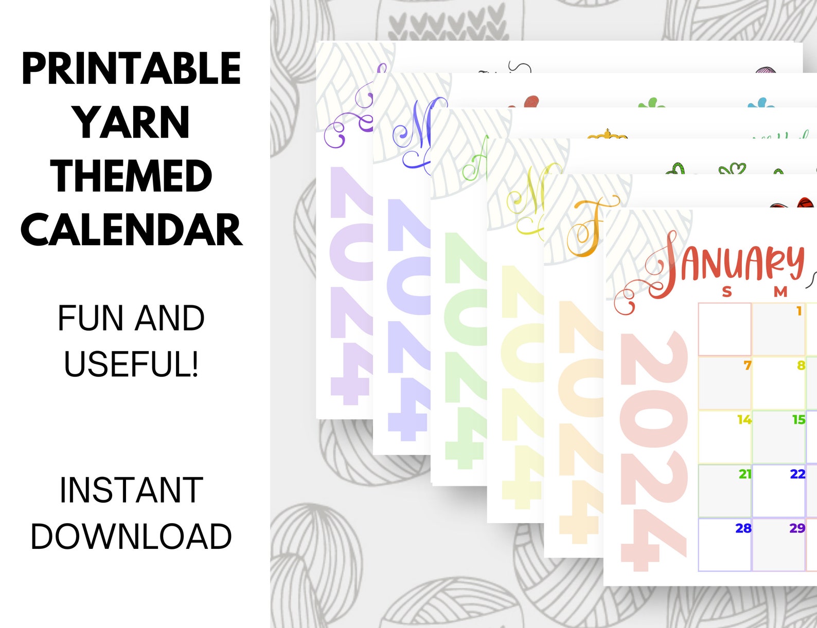 Printable Rainbow Yarn Themed 2024 Calendar in 4 Sizes A4, A5, Letter ...