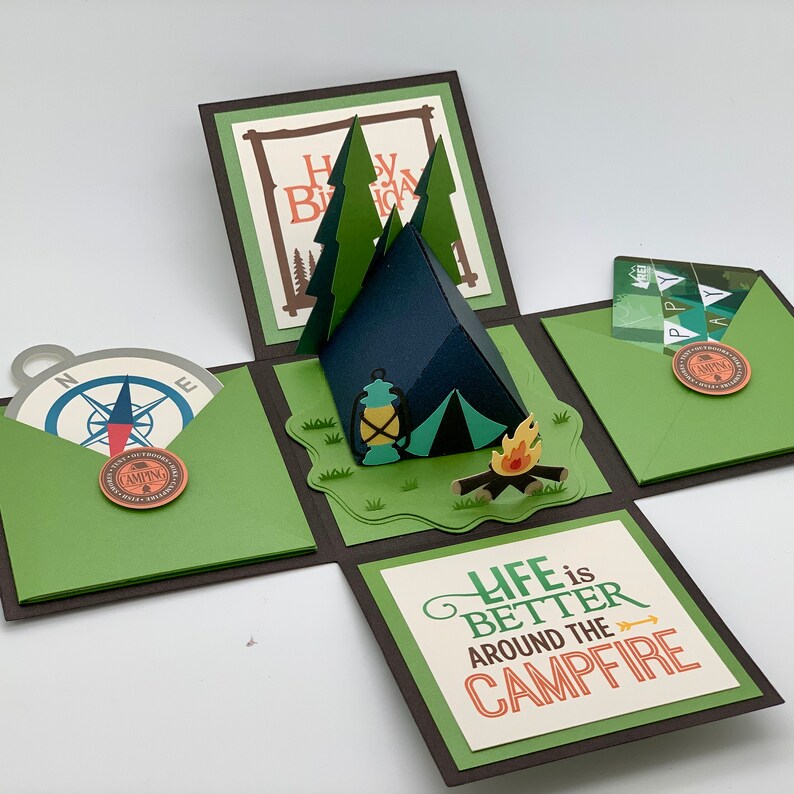 3D Camping Themed Birthday Card With Tent and Campfire, Explosion Box ...