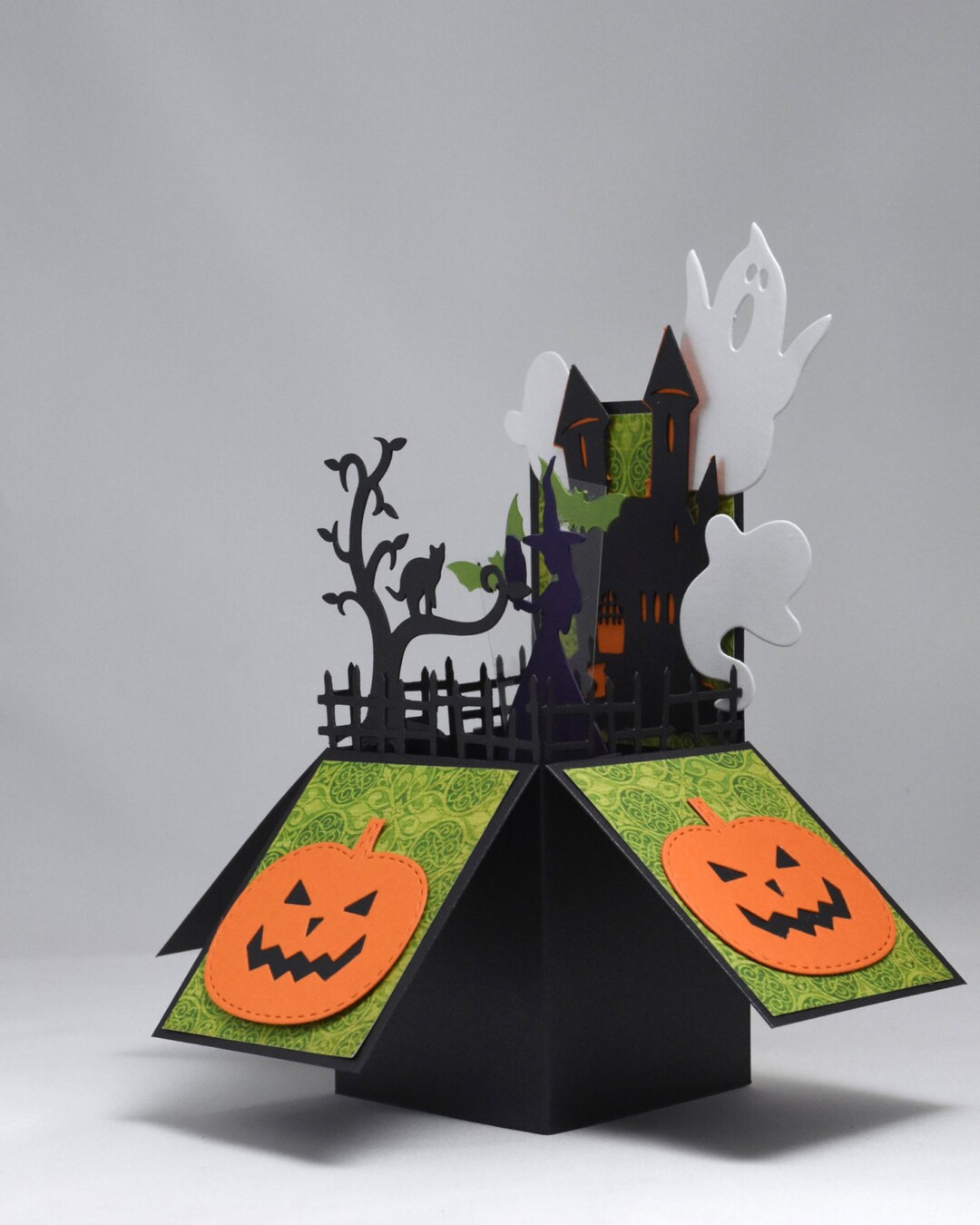 3D Halloween Box Card With Haunted House, Witch, Ghosts, Bats and ...