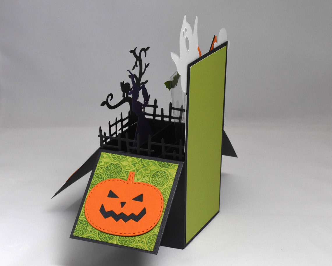 3D Halloween Box Card With Haunted House, Witch, Ghosts, Bats and ...