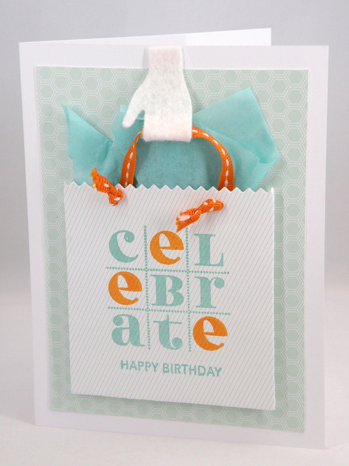 Birthday Card with Gift Bag Design in Turquoise and Orange | Etsy