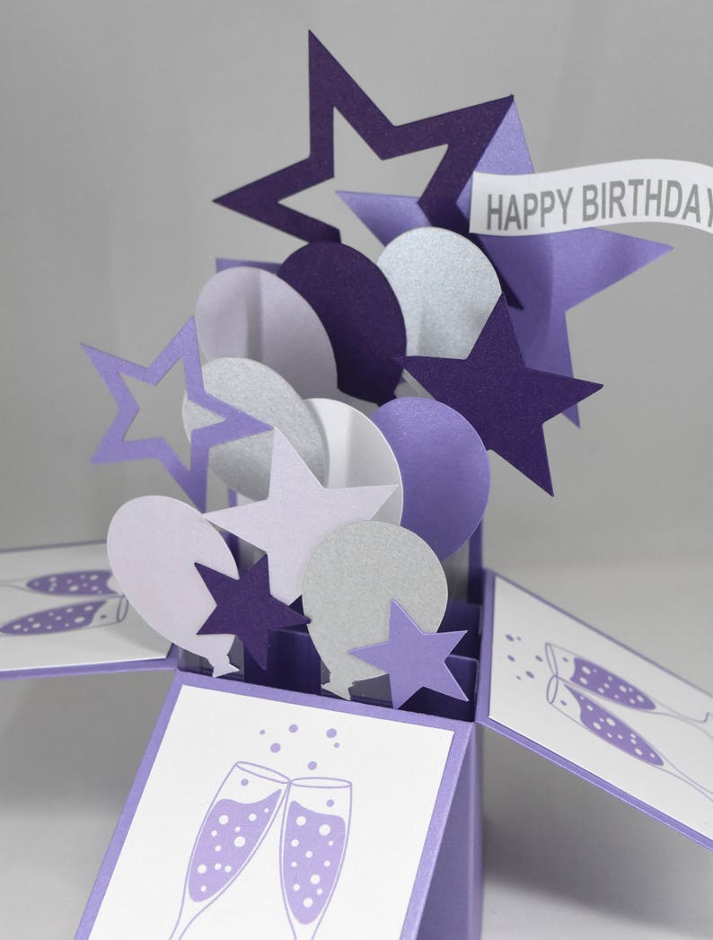 3D Purple Birthday Card, Box Card With Balloons and Champagne Glasses ...