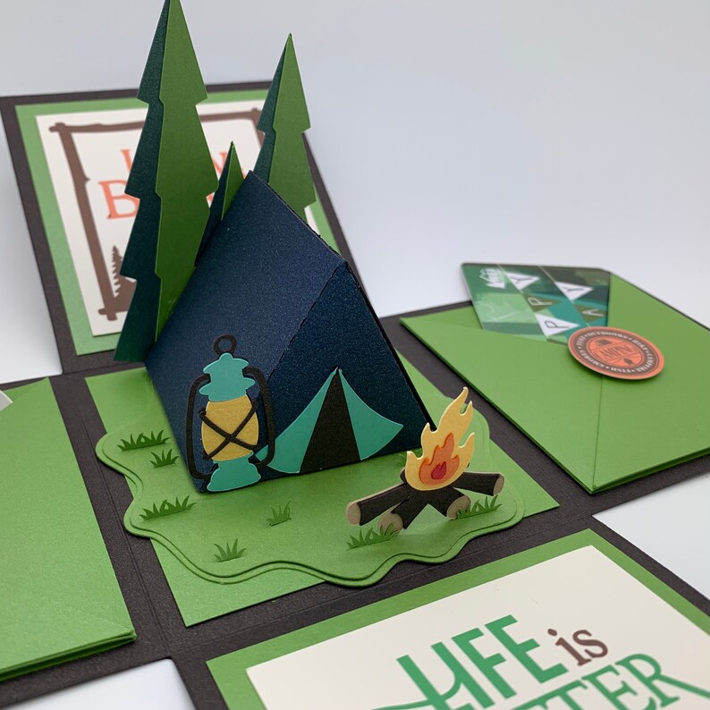 3D Camping Themed Birthday Card With Tent and Campfire, Explosion Box ...