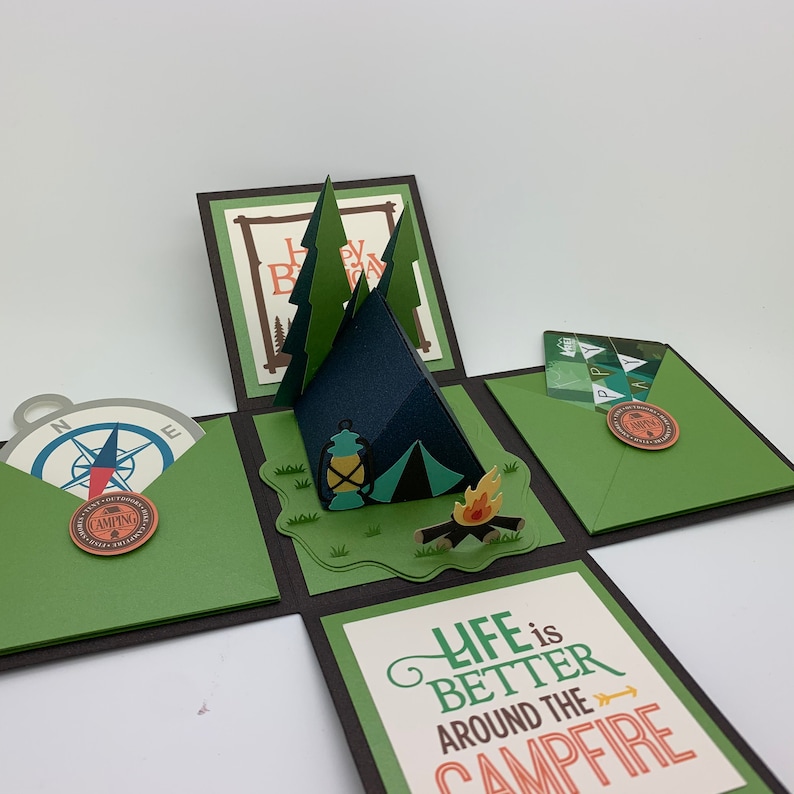 3D Camping Themed Birthday Card With Tent and Campfire, Explosion Box ...