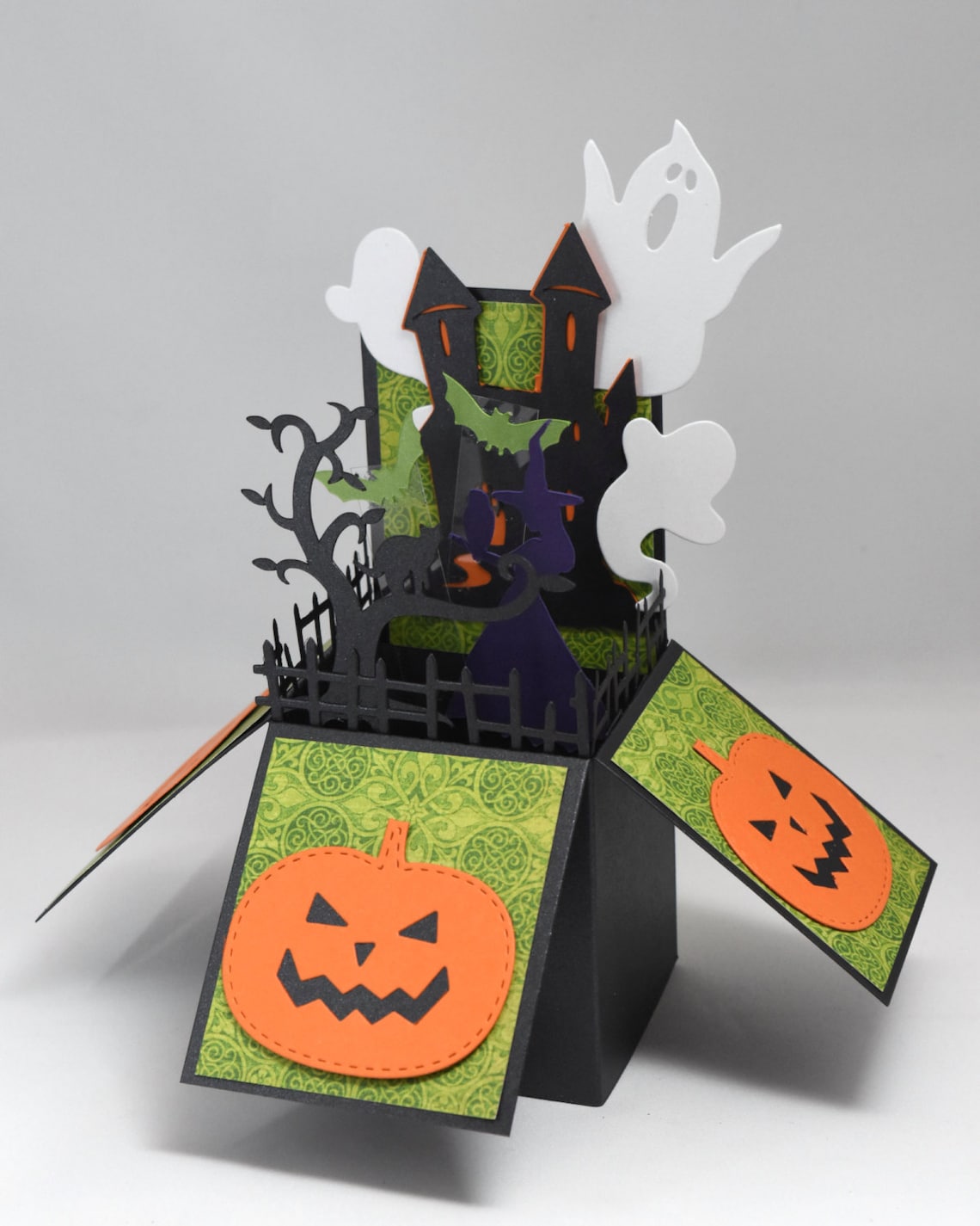 3D Halloween Box Card With Haunted House, Witch, Ghosts, Bats and ...