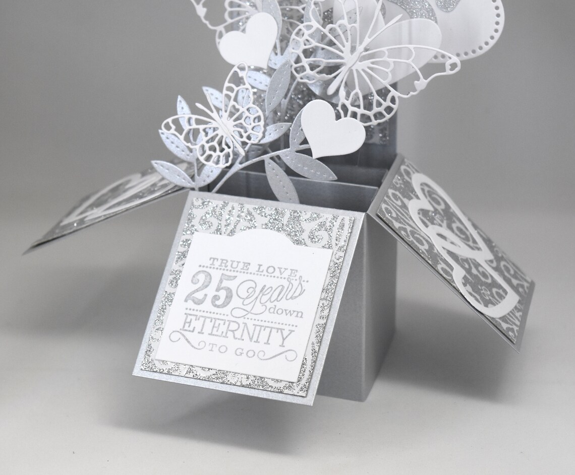 3D Silver Anniversary Card, Box Card With Hearts and Butterflies - Etsy