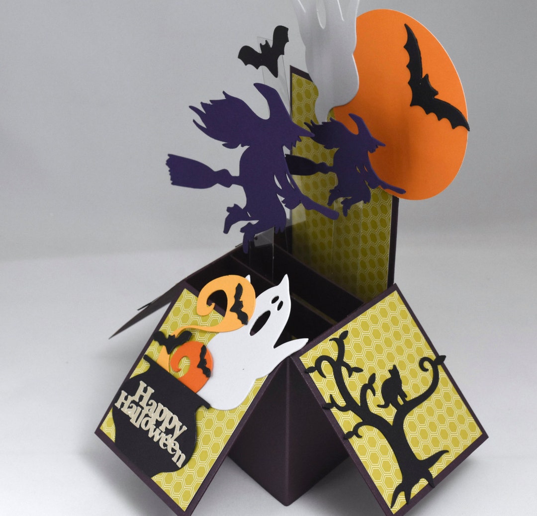 3D Happy Halloween Box Card With Witches, Ghosts and Bats - Etsy
