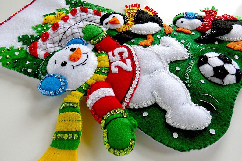 Finished Bucilla Christmas Stocking - Snowman Soccer Fan - Completed ...