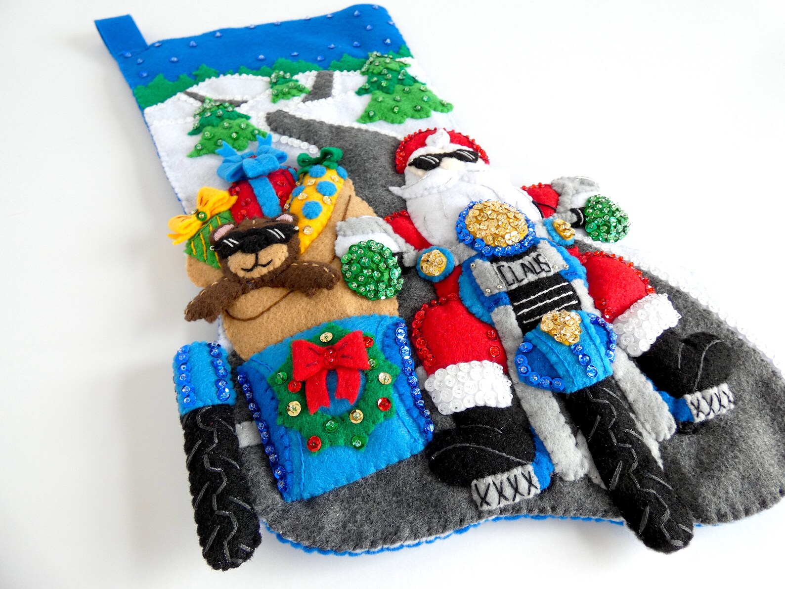 Handmade Felt Christmas Stocking - Santa Motorcycle Cruising - Holiday ...