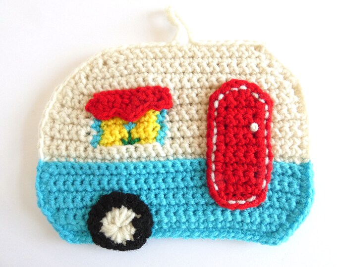 Crochet Camper Pot Holder or Trivet - Retro Camper Pot Holder - Crochet ...