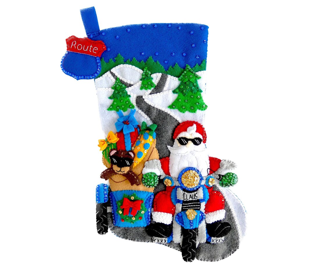 Handmade Felt Christmas Stocking - Santa Motorcycle Cruising - Holiday ...
