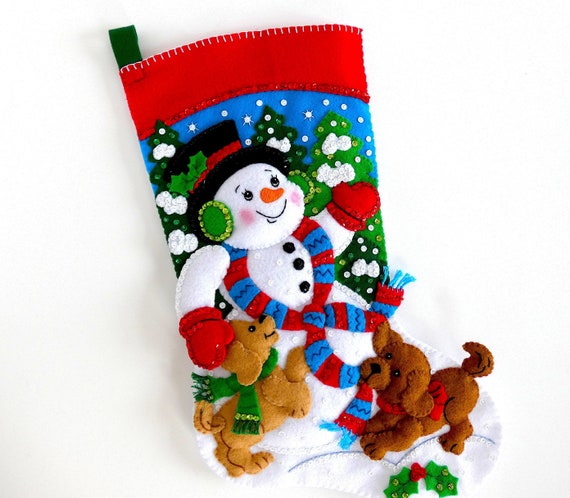 Finished Bucilla Christmas Stocking Snowman and Puppies | Etsy