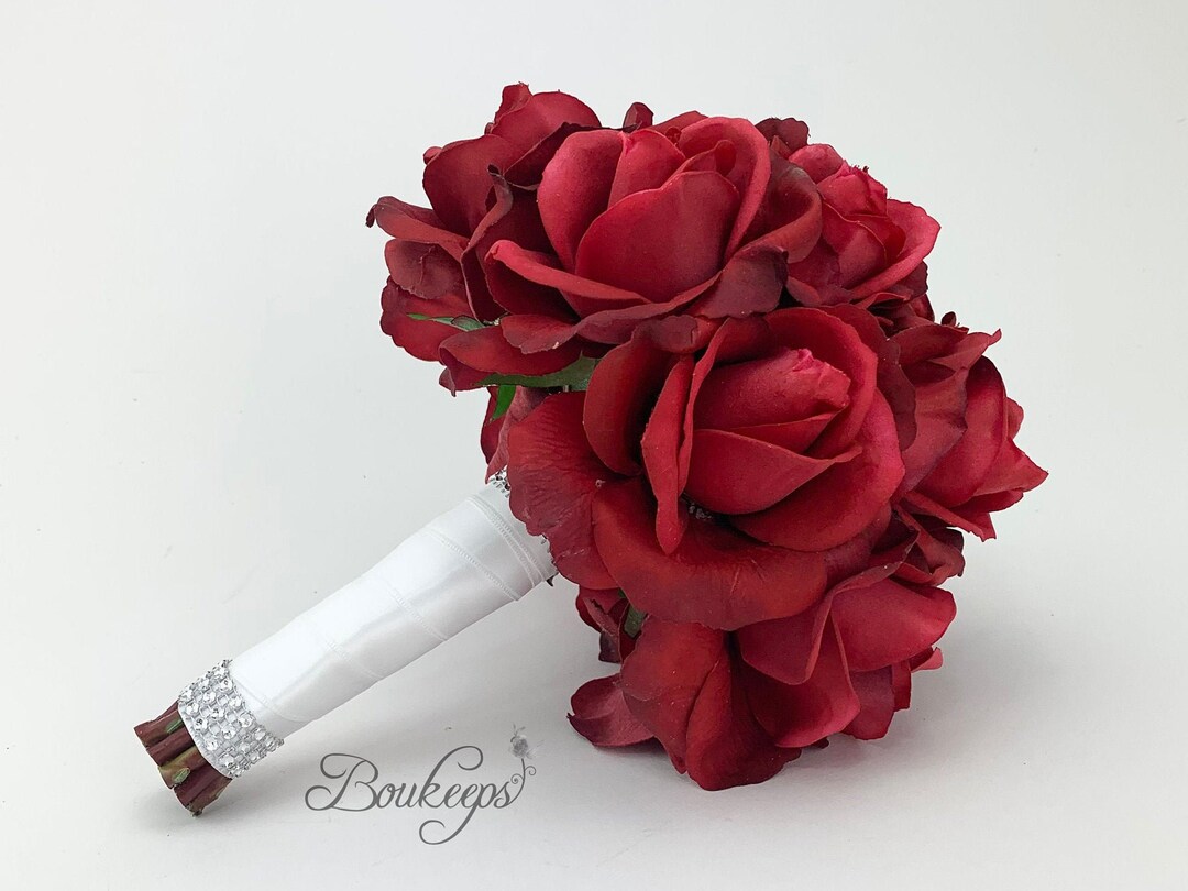 CHOOSE RIBBON COLOR - Real Touch Red Rose Bridal Bouquet, Bridal ...