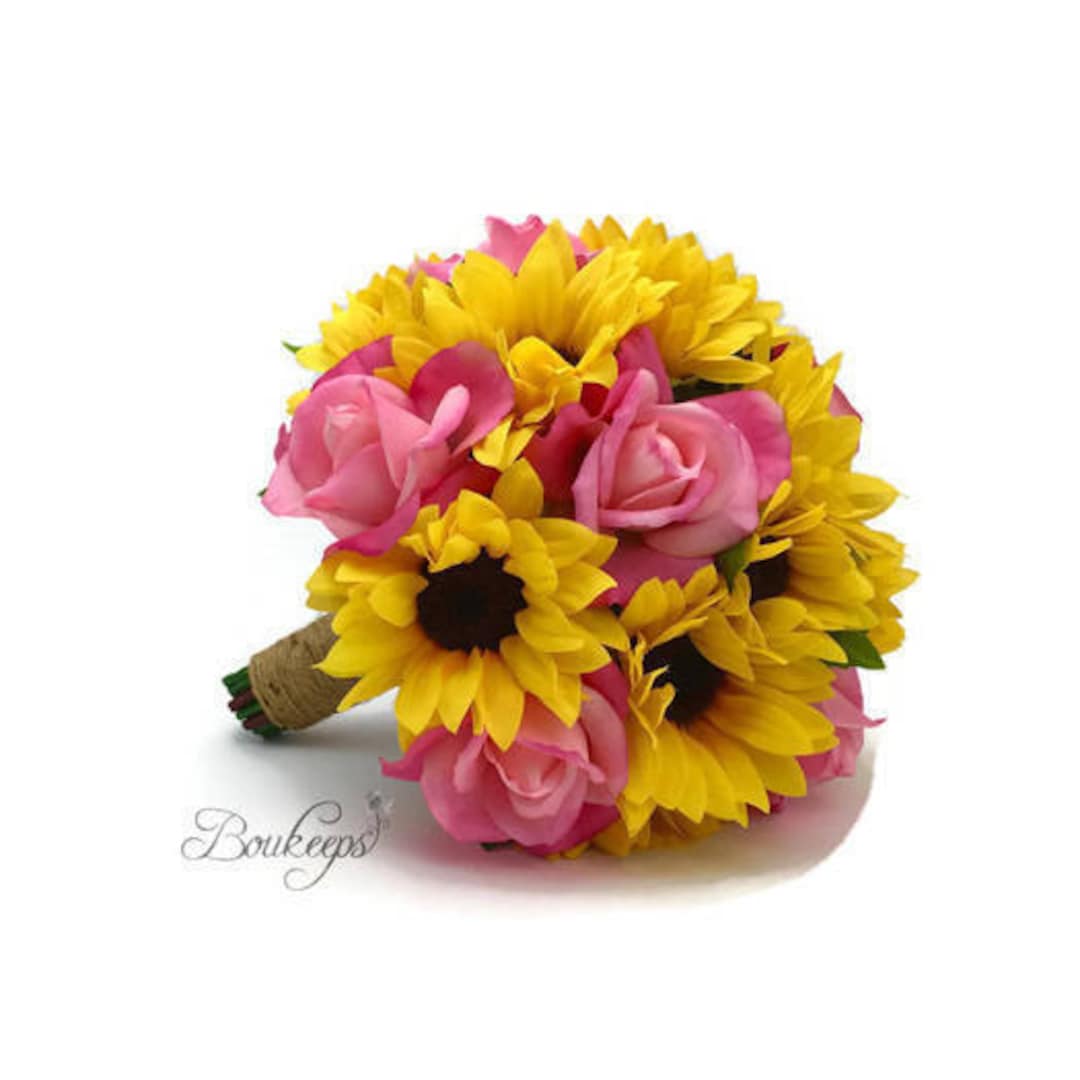 CHOOSE RIBBON COLOR - Sunflower and Pink Rose Bouquet, Sunflower ...