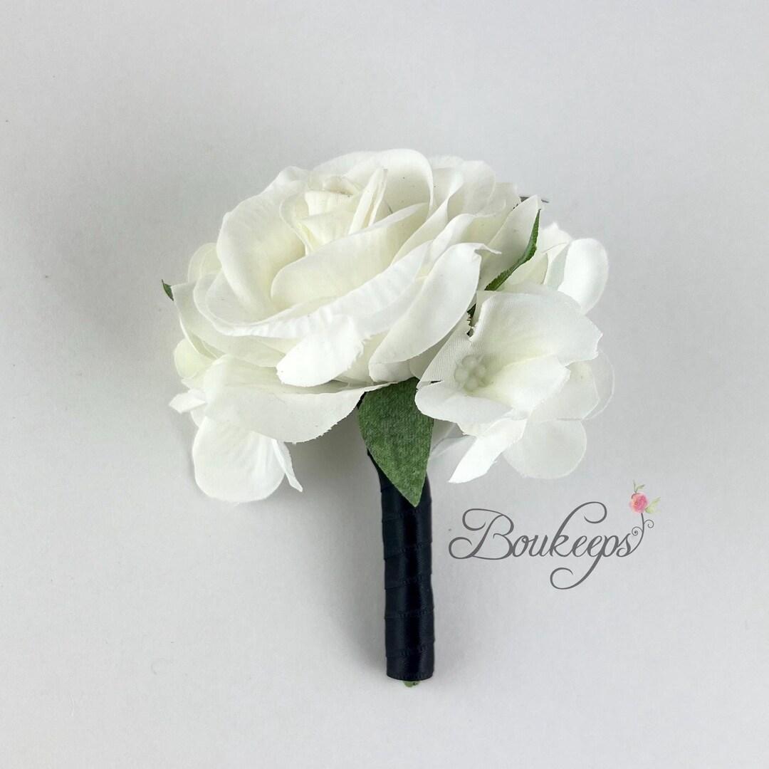 CHOOSE RIBBON COLOR - White Ivory Rose and Hydrangea Boutonniere, Groom ...