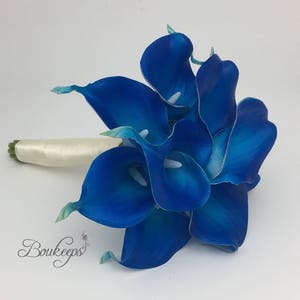 CHOOSE RIBBON COLOR - Royal Blue Calla Lily Bouquet, Real Touch Deep ...