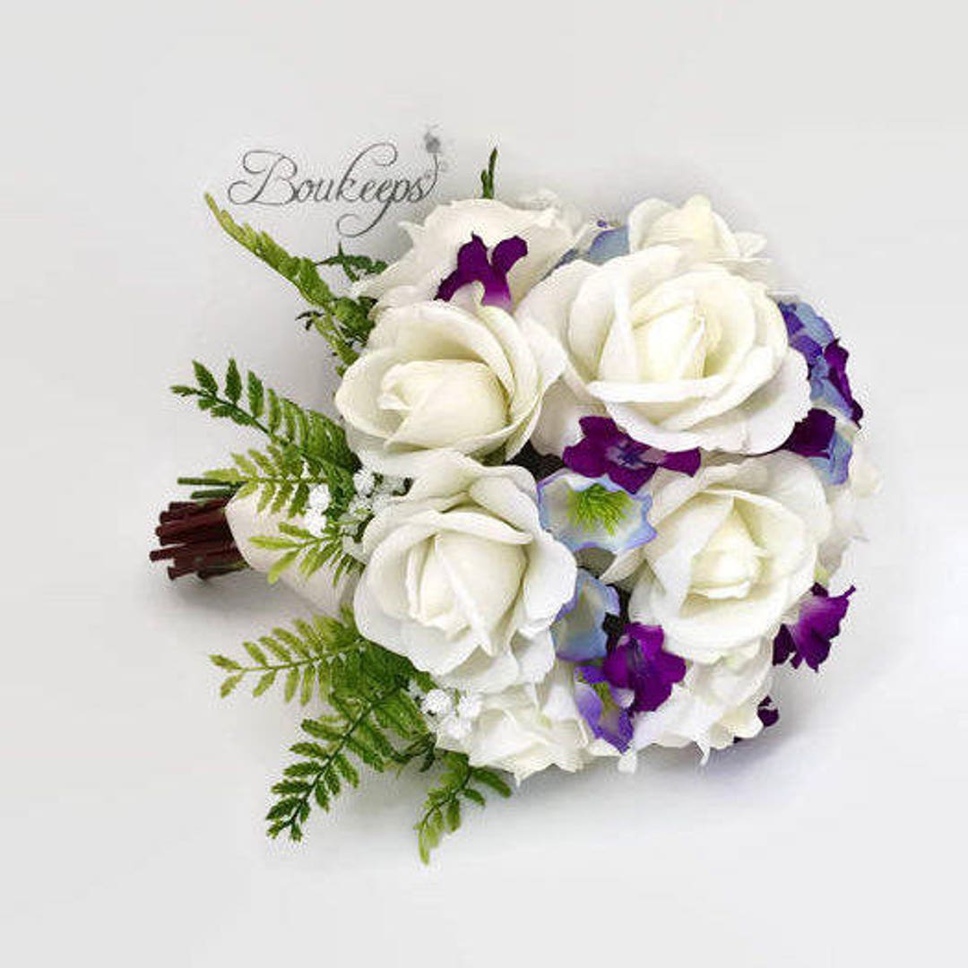 CHOOSE RIBBON COLOR White Rose Bouquet Purple Bellflower - Etsy