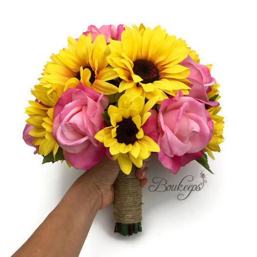 CHOOSE RIBBON COLOR Sunflower and Pink Rose Bouquet | Etsy
