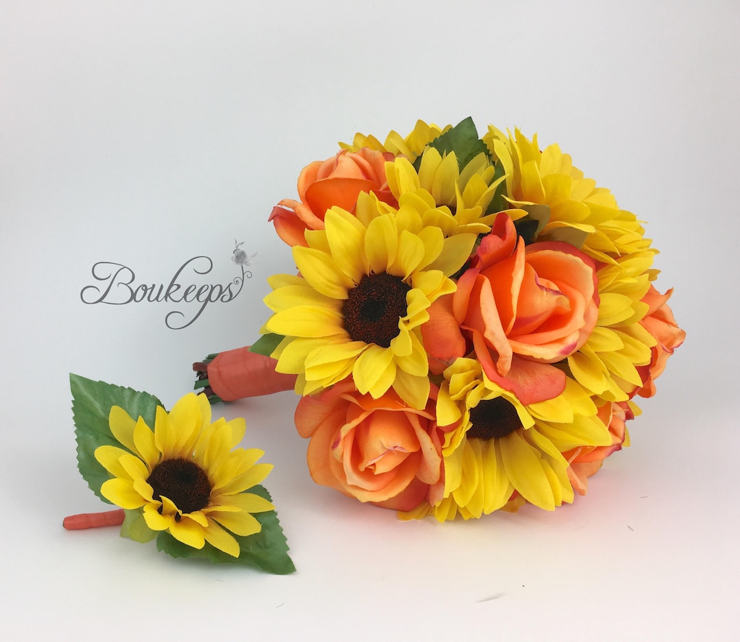 CHOOSE RIBBON COLOR - Sunflower and Coral Rose Bouquet, Sunflower ...