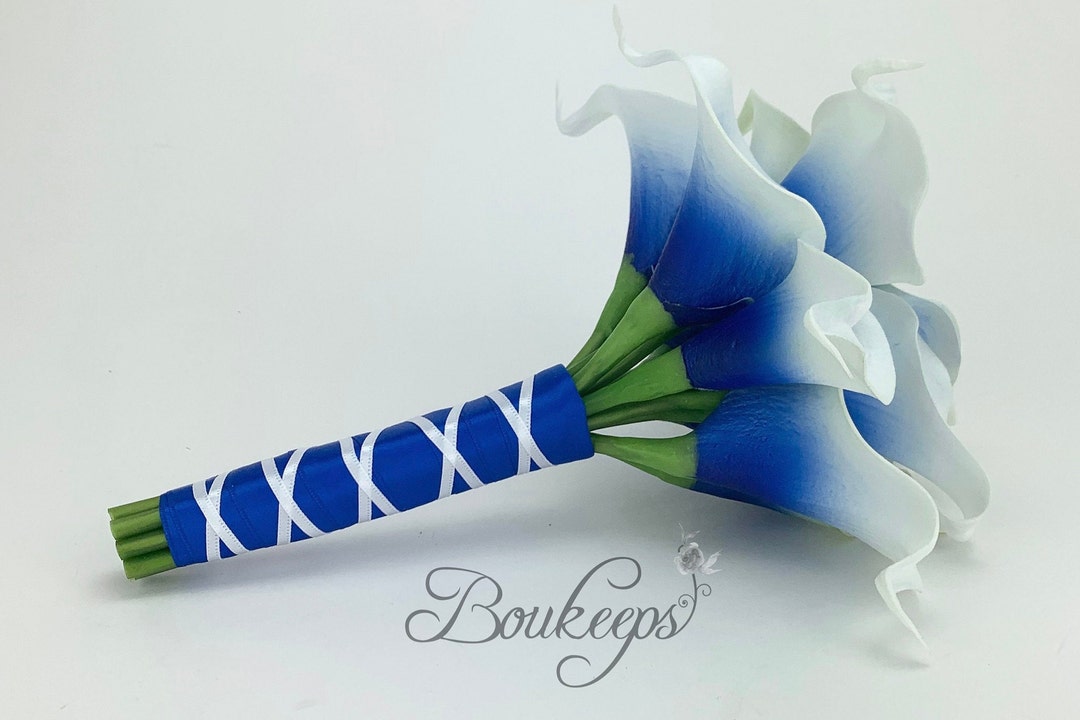 Royal Blue and White Calla Lily Bouquet, Real Touch Picasso Royal Blue ...