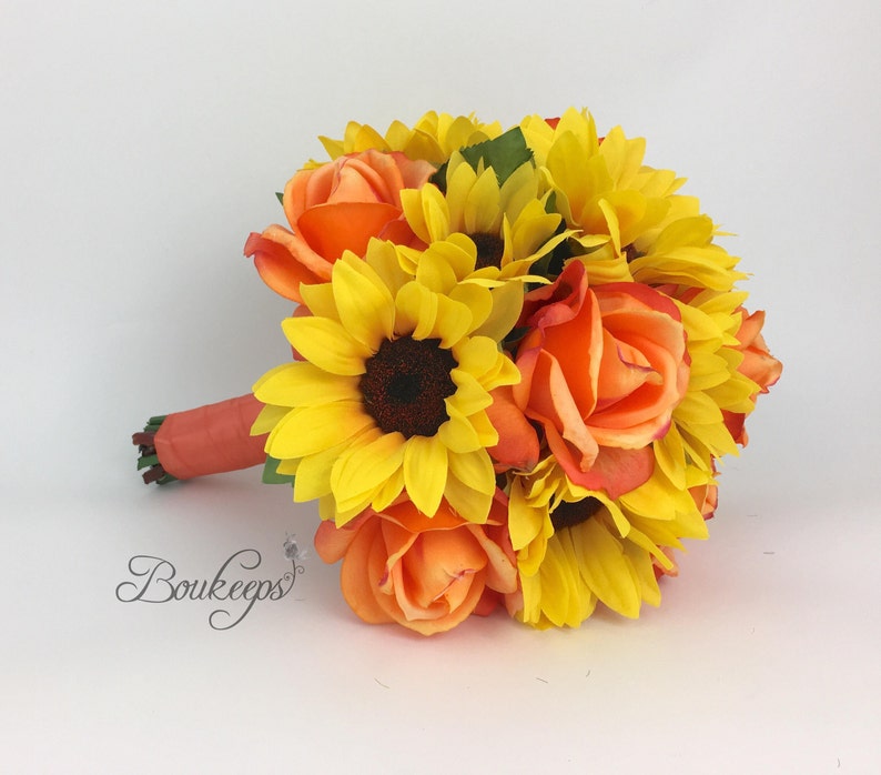 CHOOSE RIBBON COLOR Sunflower and Coral Rose Bouquet | Etsy