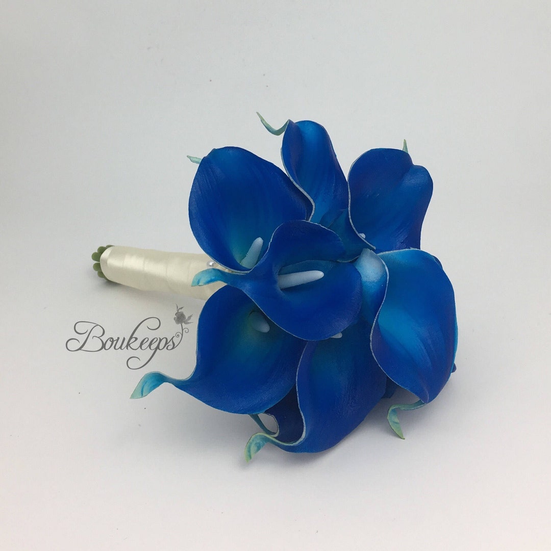 CHOOSE RIBBON COLOR - Royal Blue Calla Lily Bouquet, Real Touch Deep ...