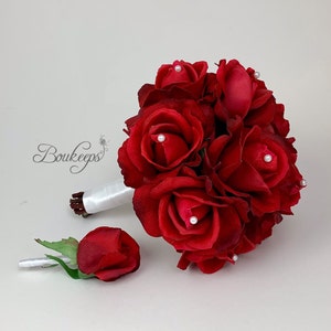 CHOOSE RIBBON COLOR - Red Rose Bouquet, Rose Bridal Bouquet, Real Touch ...