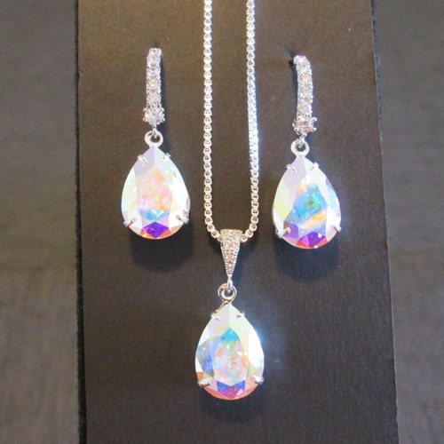 Ab Rhinestone Necklace and Earrings Set Iridescent Crystal - Etsy