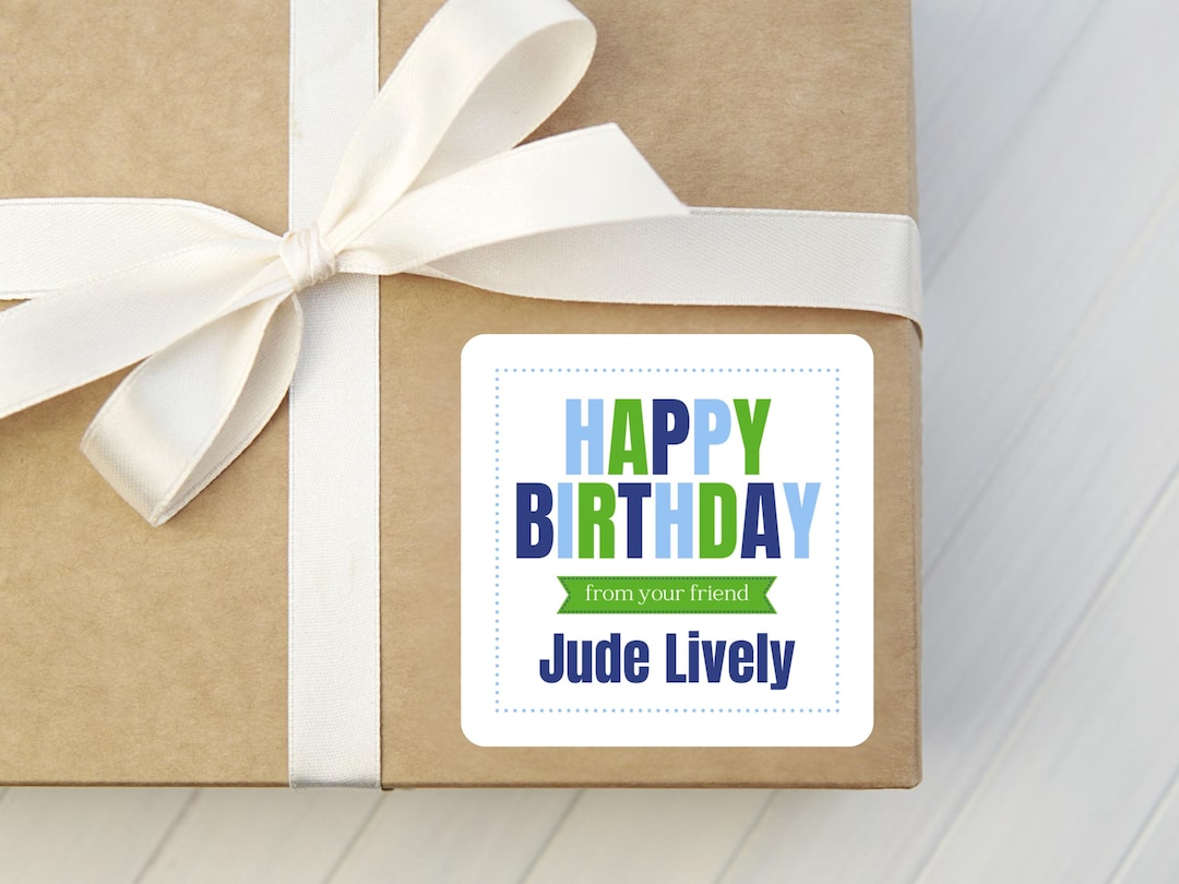 Happy Birthday Gift Stickers - Personalized Blue & Green Square Gift ...