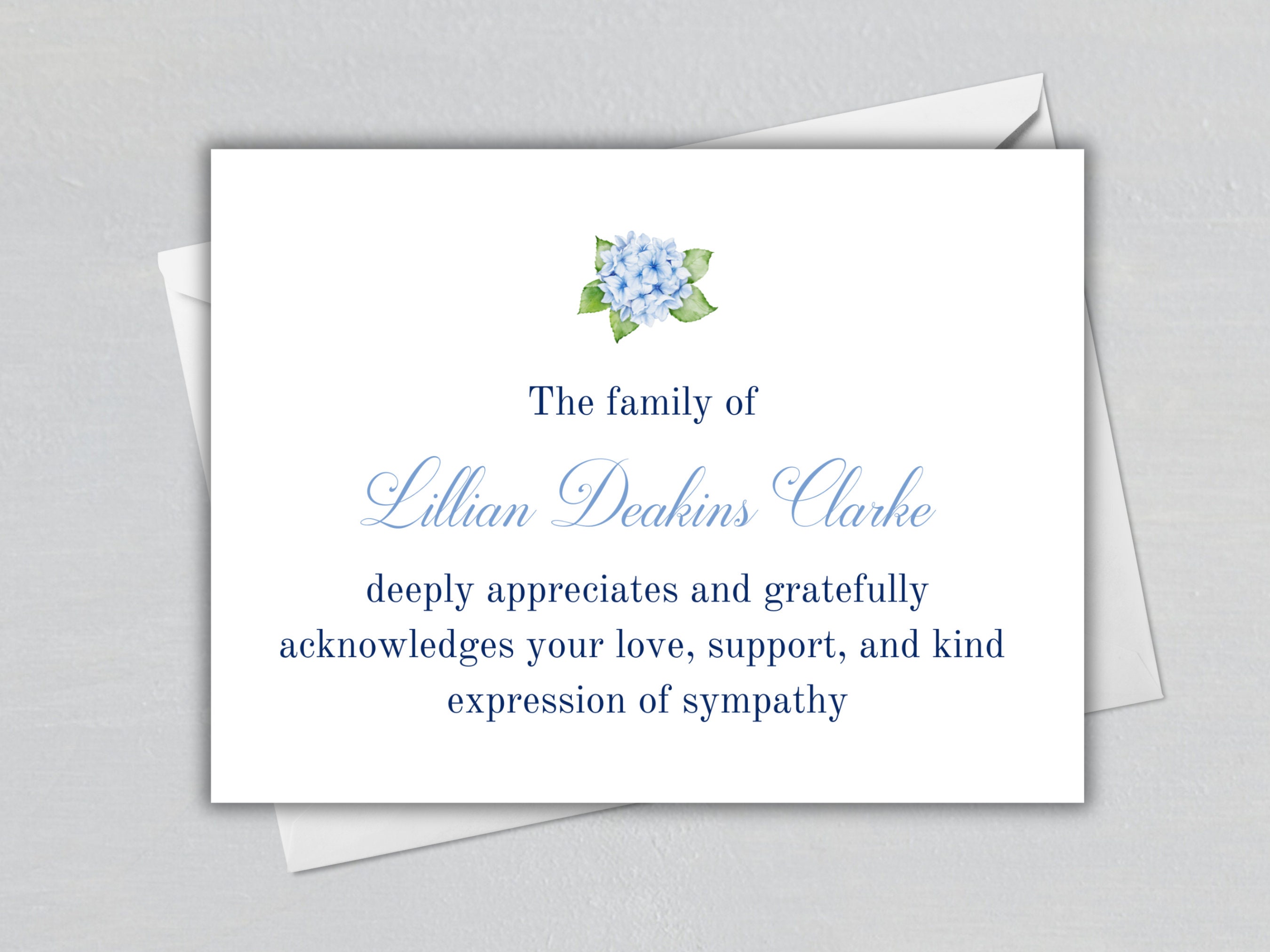 Sympathy Acknowledgement Card - Funeral Thank You Note - Blue Hydrangea ...