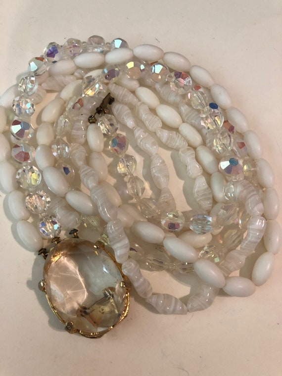 1960 Vintage TRIPLE Strand GLASS & CRYSTAL Beaded Nec… - Gem 1960 Vintage TRIPLE Strand GLASS & CRYSTAL Beaded Nec… - Gem