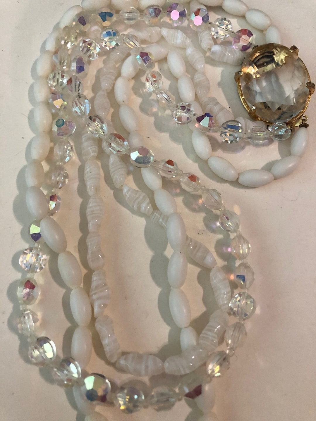 1960 Vintage TRIPLE Strand GLASS & CRYSTAL Beaded Necklace With ... 1960 Vintage TRIPLE Strand GLASS & CRYSTAL Beaded Necklace With ...