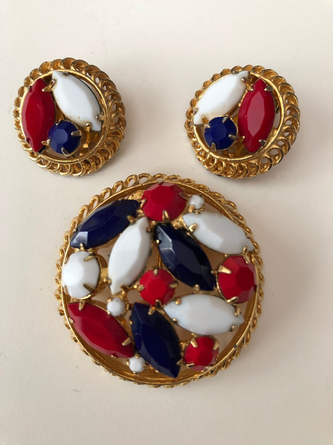 Red White & Blue RHINESTONE BROOCH and EARRING Set in Original Box From ...