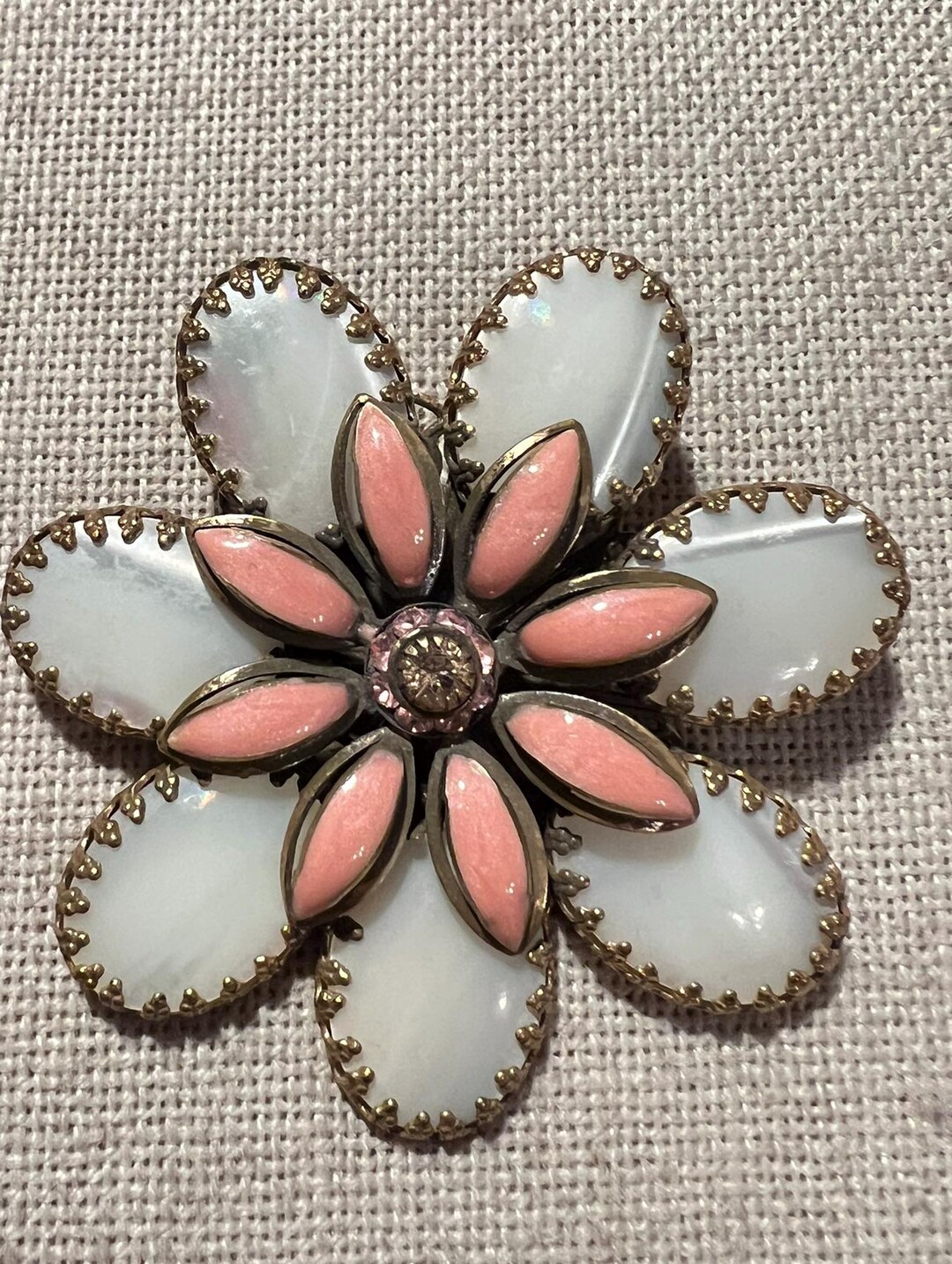 Vintage CAROLEE FLOWER BROOCH Mother of Pearl and Pink Enamel Petals ...