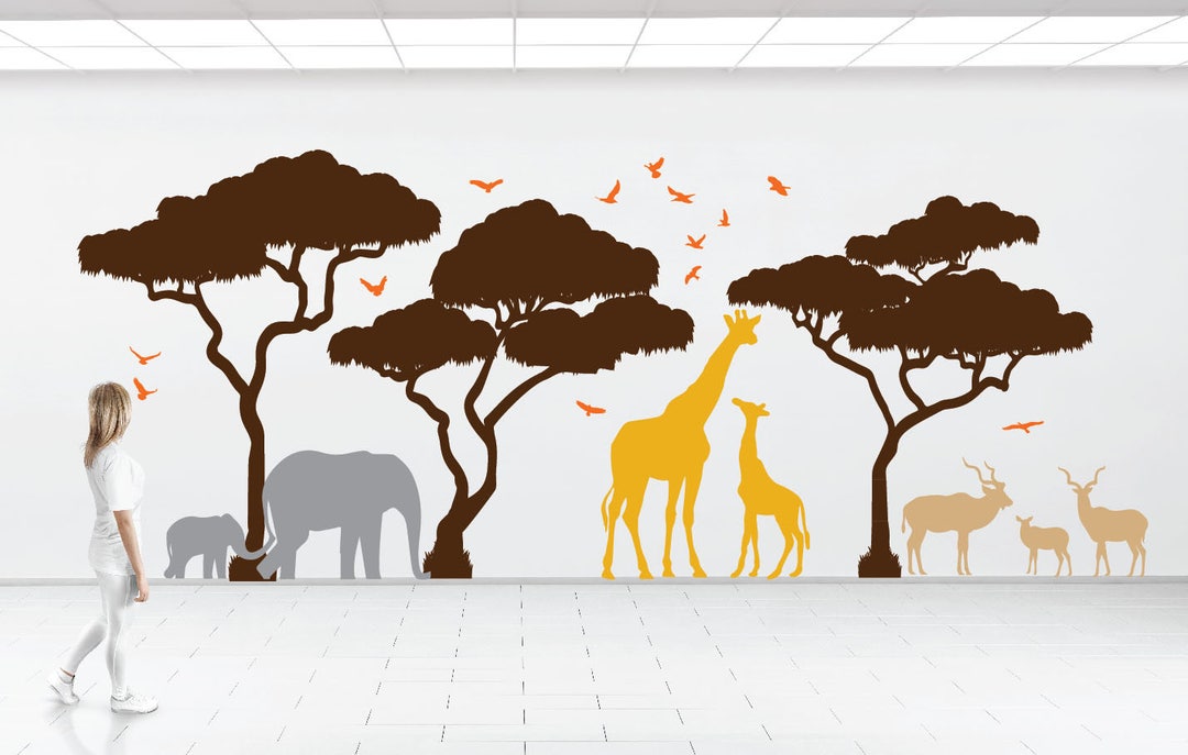 Africa Safari Tree Wall Decal Set Elephant Giraffe Impala Birds Kids ...